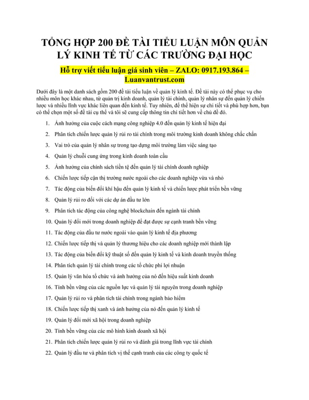 Tổng Hợp 200 Đề Tài Tiểu Luận Môn Quản Lý Kinh Tế Từ Các Trường Đại Học | DOCX