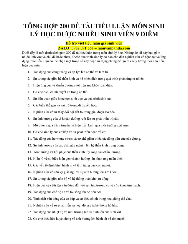 Tổng Hợp 200 Đề Tài Tiểu Luận Môn Sinh Lý Học Được Nhiều Sinh Viên 9 Điểm | DOCX