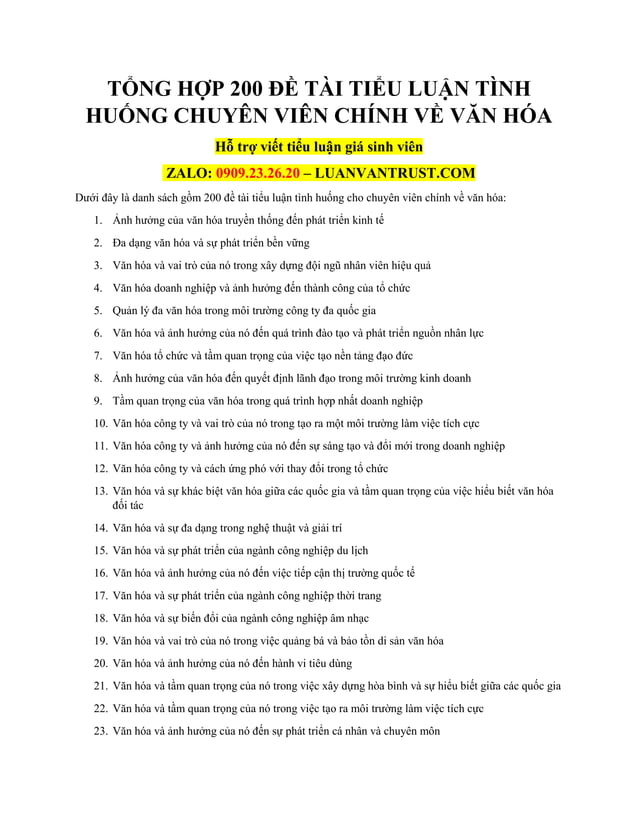 Tổng Hợp 200 Đề Tài Tiểu Luận Tình Huống Chuyên Viên Chính Về Văn Hóa | PDF