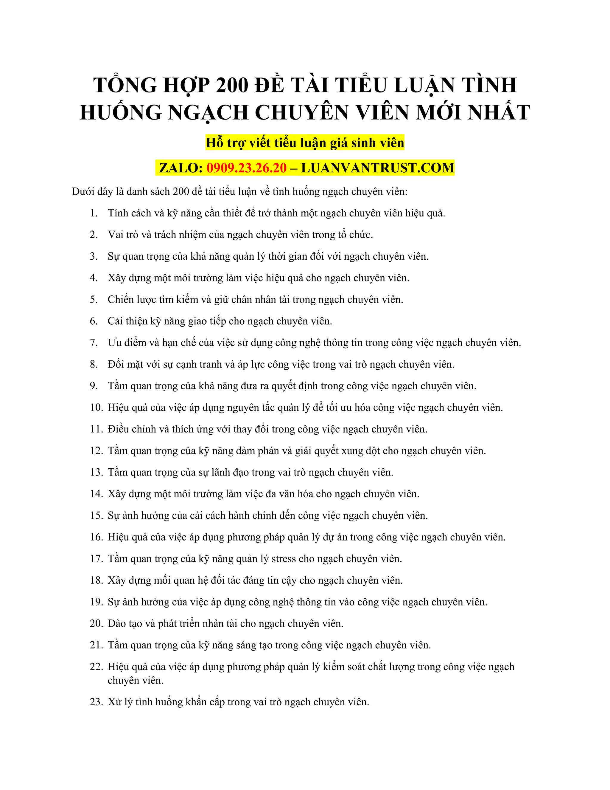 Tổng Hợp 200 Đề Tài Tiểu Luận Tình Huống Ngạch Chuyên Viên Mới Nhất | PDF