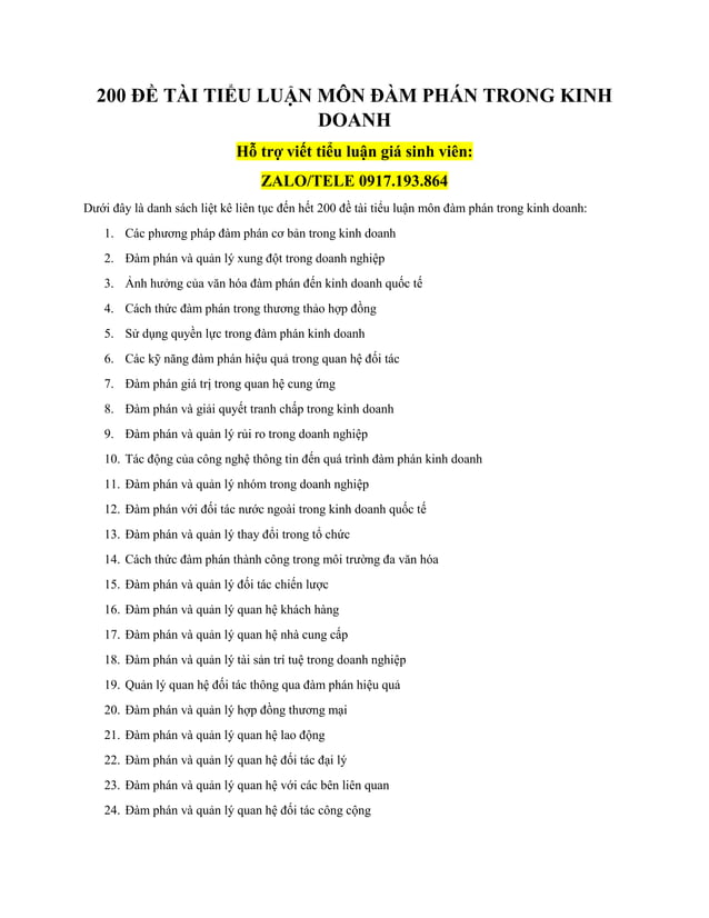 Tổng Hợp 201 Đề Tài Tiểu Luận Môn Đàm Phán Trong Kinh Doanh, Điểm Cao | DOCX