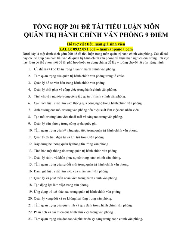 Tổng Hợp 201 Đề Tài Tiểu Luận Môn Quản Trị Hành Chính Văn Phòng 9 Điểm | DOCX