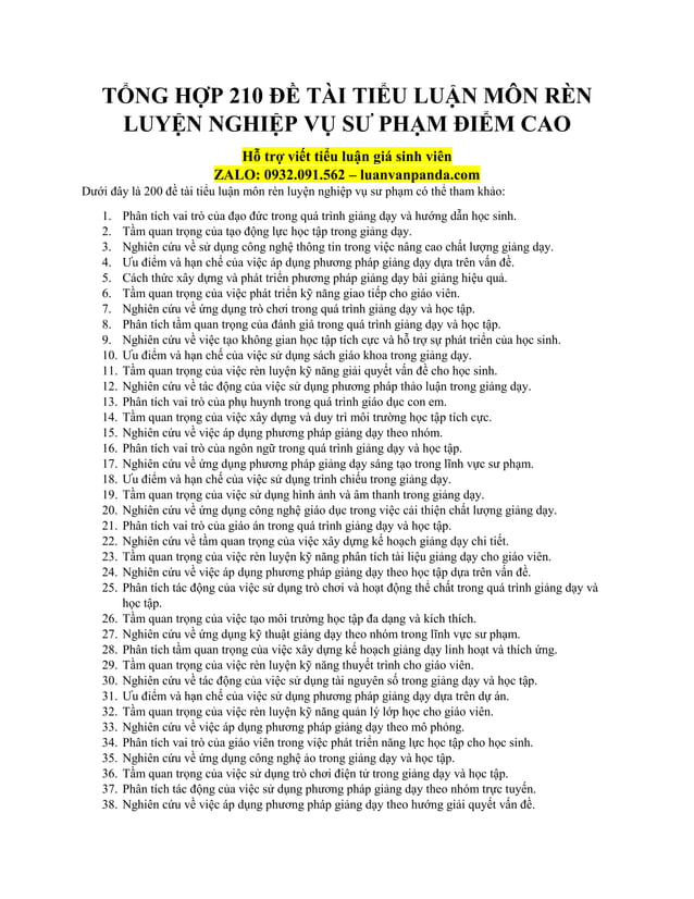 Tổng Hợp 210 Đề Tài Tiểu Luận Môn Rèn Luyện Nghiệp Vụ Sư Phạm Điểm Cao | DOCX