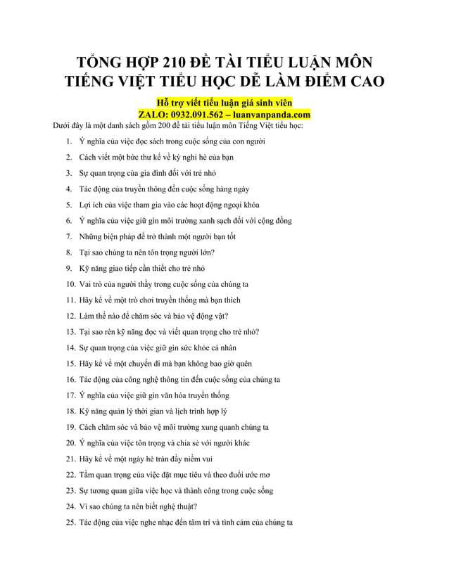 Tổng Hợp 210 Đề Tài Tiểu Luận Môn Tiếng Việt Tiểu Học Dễ Làm Điểm Cao | DOCX