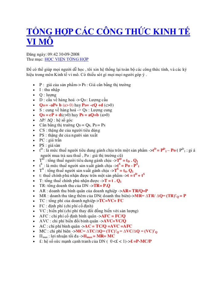 Tổng hợp các công thức kinh tế vi mô