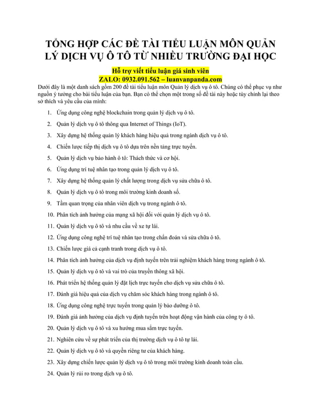 Tổng Hợp Các Đề Tài Tiểu Luận Môn Quản Lý Dịch Vụ Ô Tô Từ Nhiều Trường Đại Học | DOCX