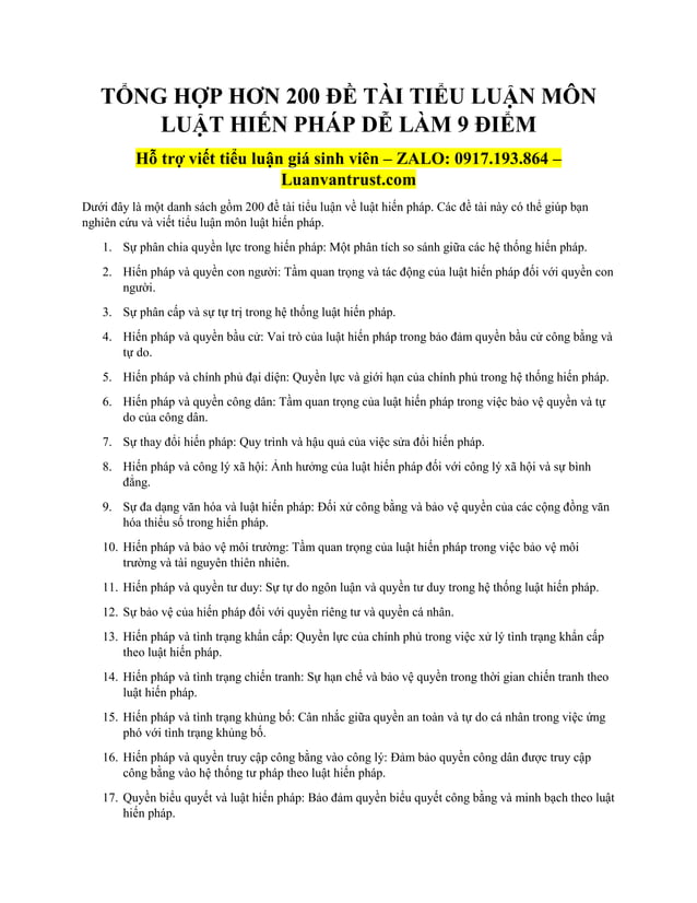 Tổng Hợp Hơn 200 Đề Tài Tiểu Luận Môn Luật Hiến Pháp Dễ Làm 9 Điểm | DOCX