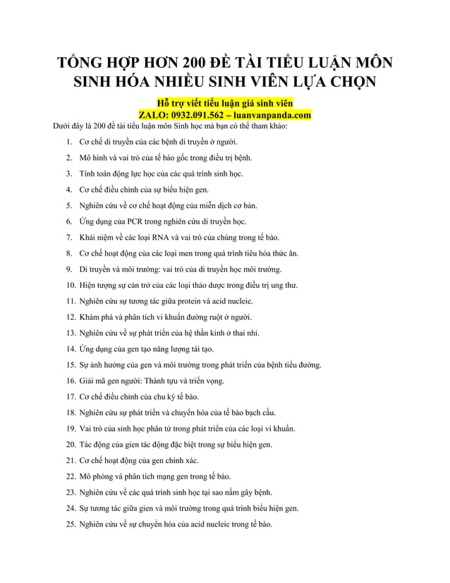 Tổng Hợp Hơn 200 Đề Tài Tiểu Luận Môn Sinh Hóa Nhiều Sinh Viên Lựa Chọn | DOCX