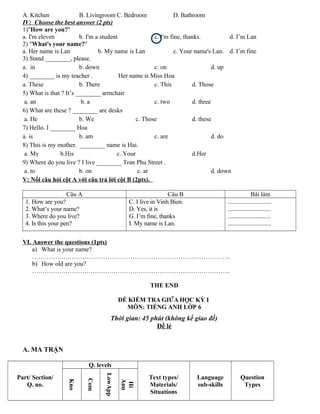 Tổng hợp đề kiểm tra 15 phút và 1 tiết tiếng anh lớp 6 | DOC | Secondary Education | Education