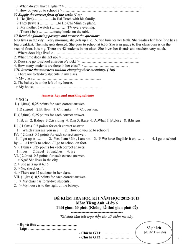 Tổng hợp đề thi hki tiếng anh lớp 6 (with key) | PDF