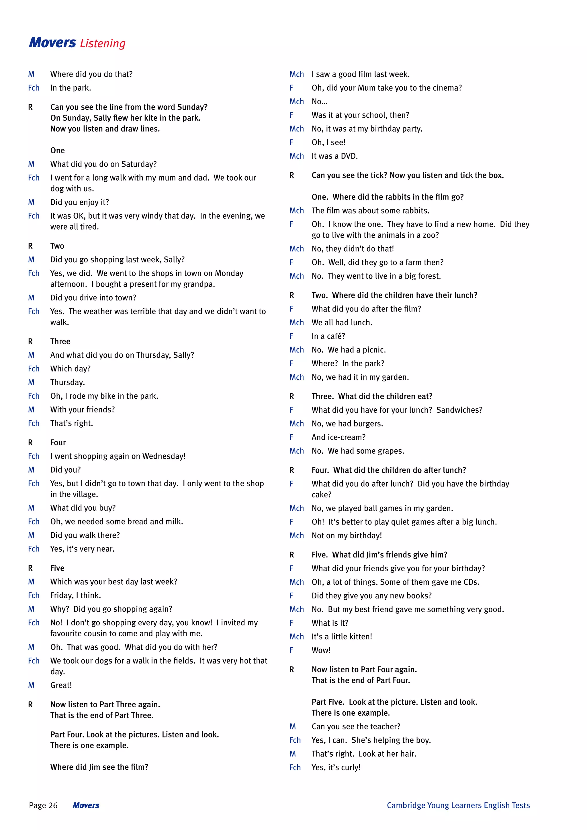 Tổng hợp đề thi movers ( reading and writing speaking-listening) | PDF