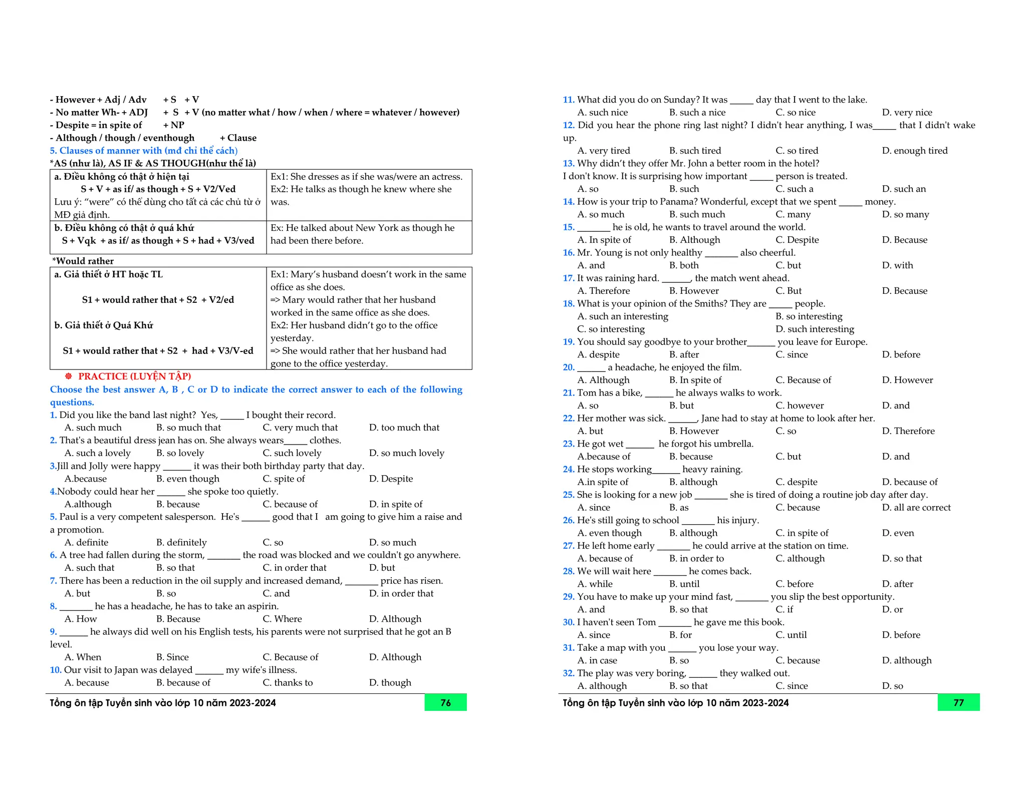 TỔNG ÔN TẬP THI VÀO LỚP 10 MÔN TIẾNG ANH NĂM HỌC 2023 - 2024 CÓ ĐÁP ÁN (NGỮ ÂM, NGỮ PHÁP, TỪ ...