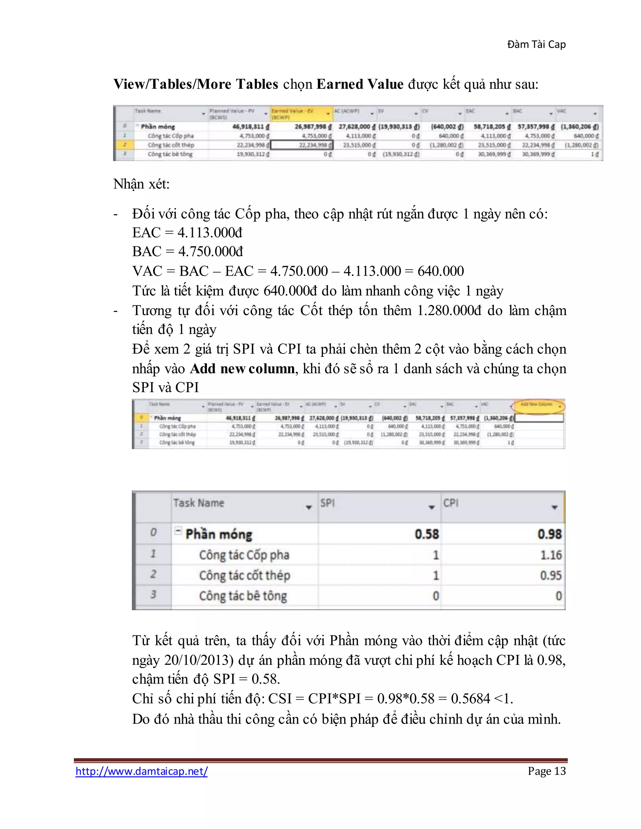 Tính toán evm trên microsoft project | DOCX