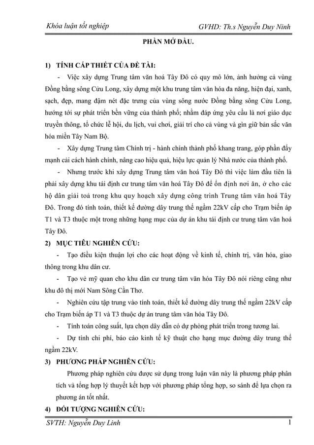 Tính toán thiết kế đường dây trung thế ngầm 22kV cấp cho trạm biến áp T1 và T3 thuộc dự án khu ...