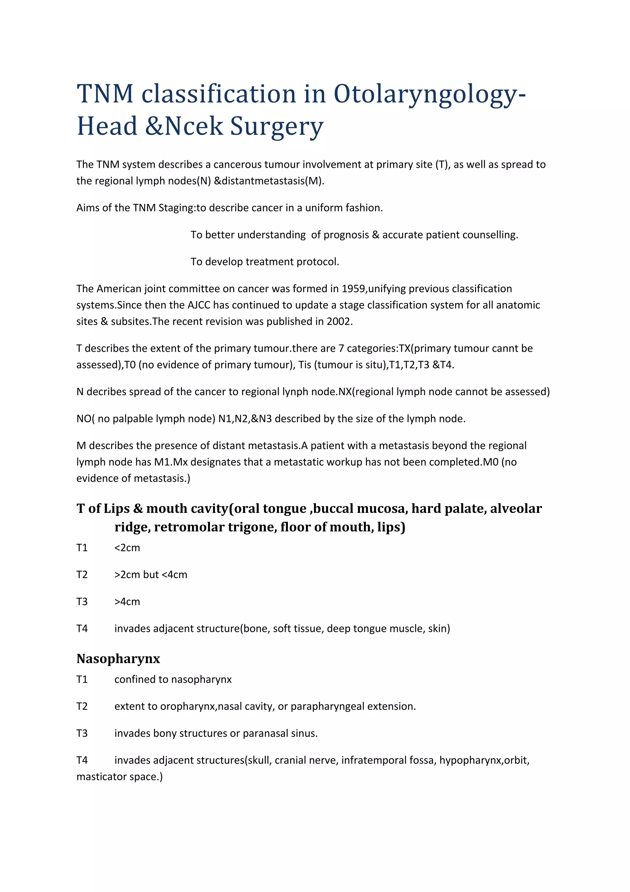 Tnm classification in otolaryngology head &neck surgery | DOC