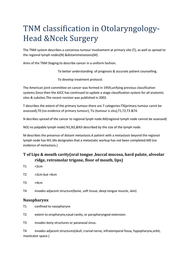Tnm classification in otolaryngology head &neck surgery | PDF