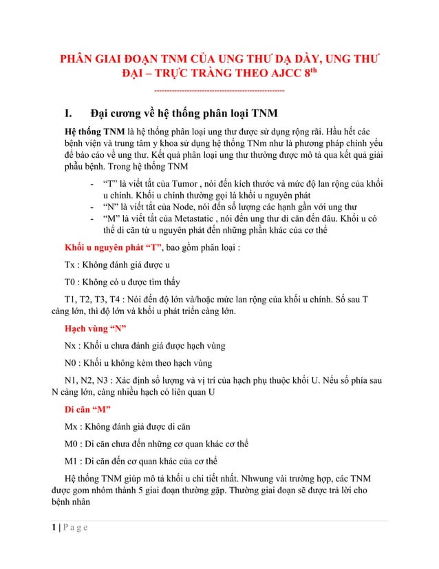 Phân độ TNM của ung thư đại - trực tràng và Ung thư dạ dày theo AJCC 8th | PDF