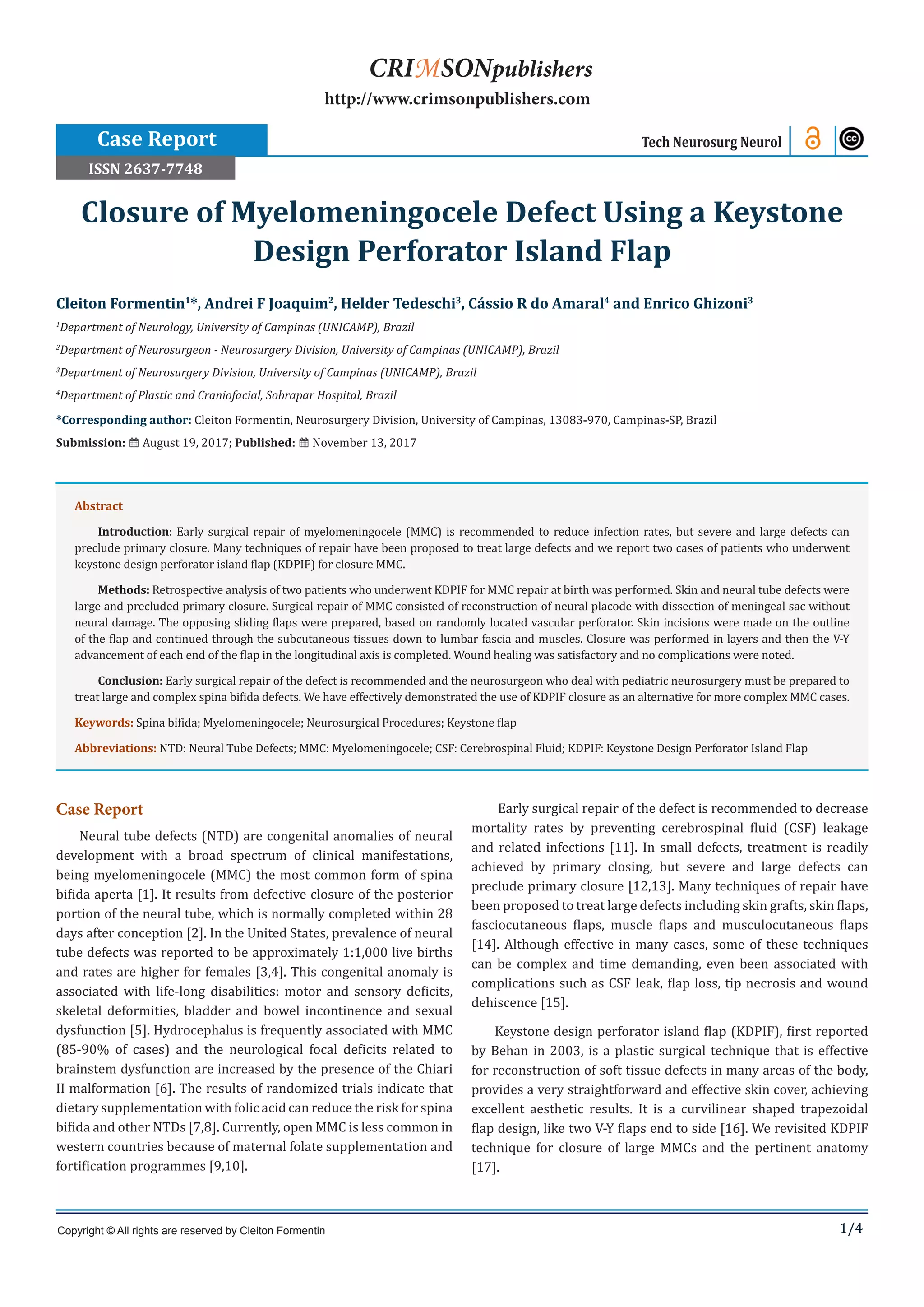 Closure of Myelomeningocele Defect Using a Keystone Design Perforator Island Flap | Crimson ...