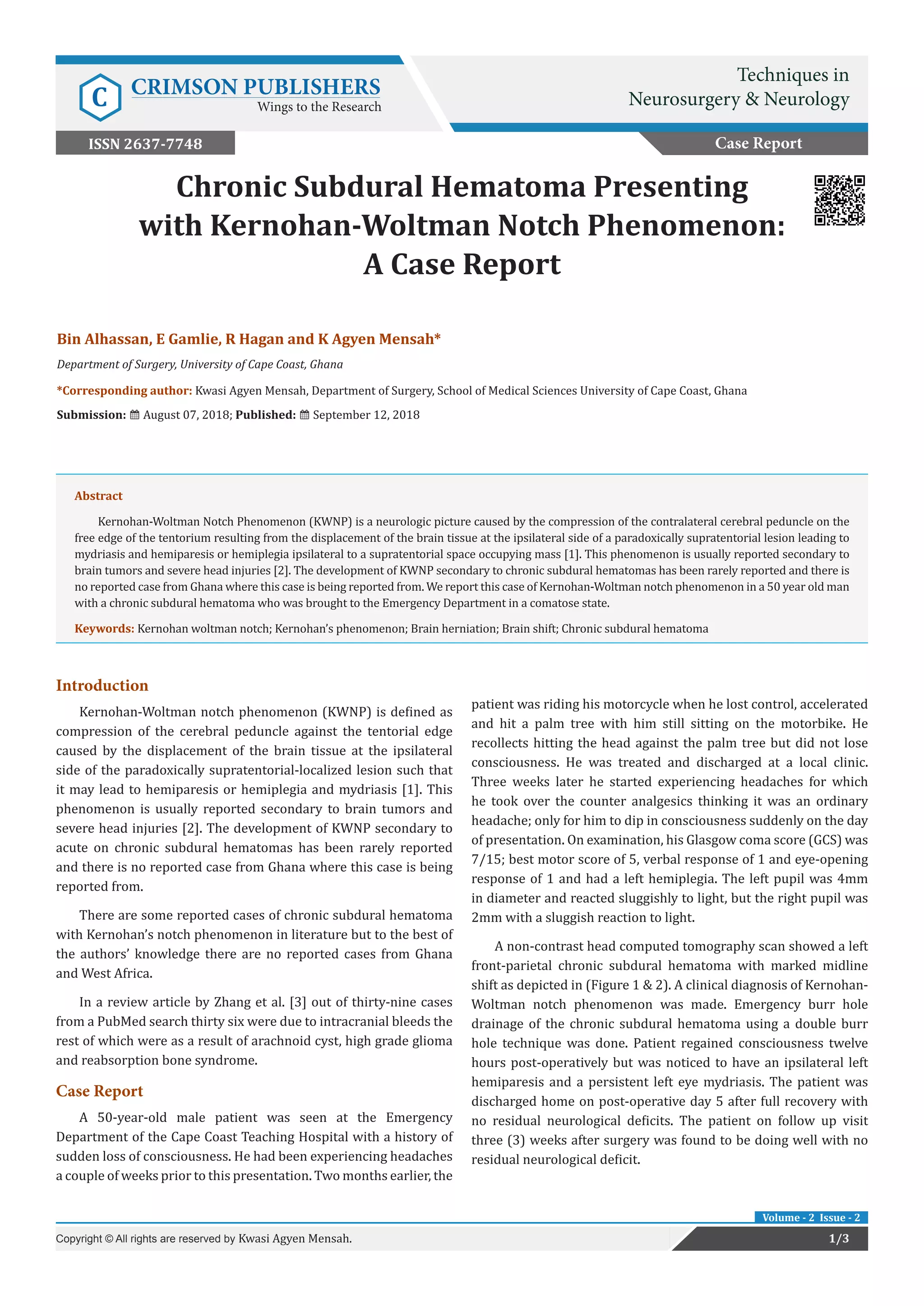 Chronic Subdural Hematoma Presenting with Kernohan-Woltman Notch ...