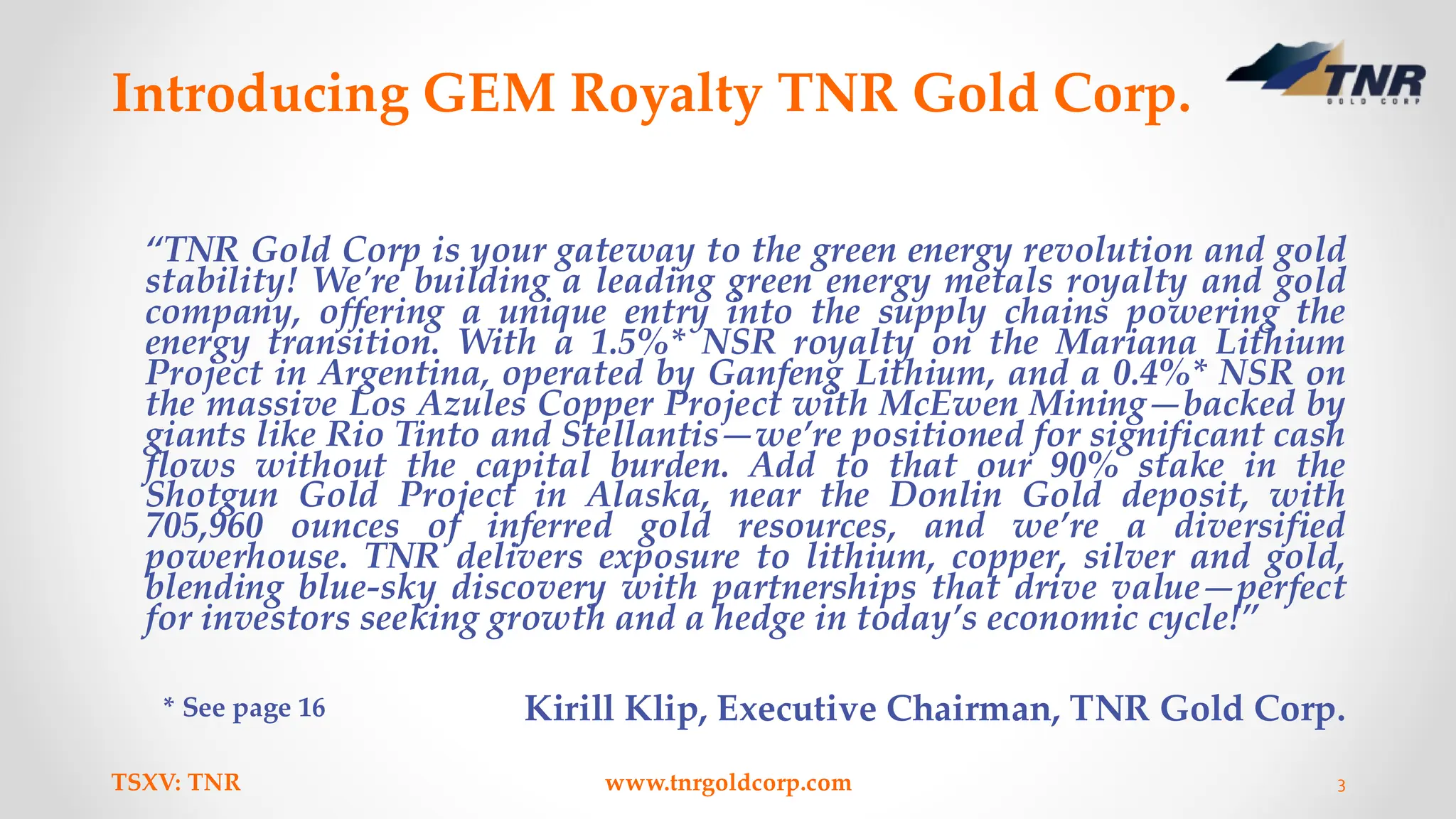 TNR Gold Los Azules Copper NSR Royalty Holding with McEwen Mining ...