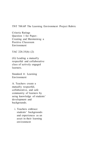 TNT 700.6P The Learning Environment Project Rubric Criteri | DOCX