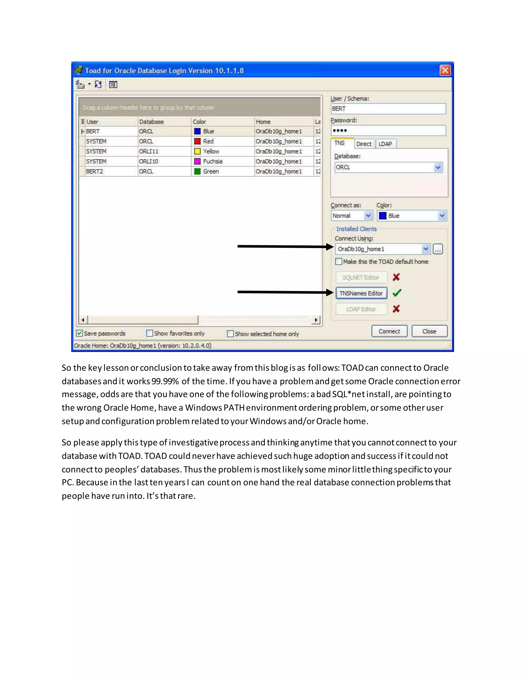 Toad database connections problems | DOCX