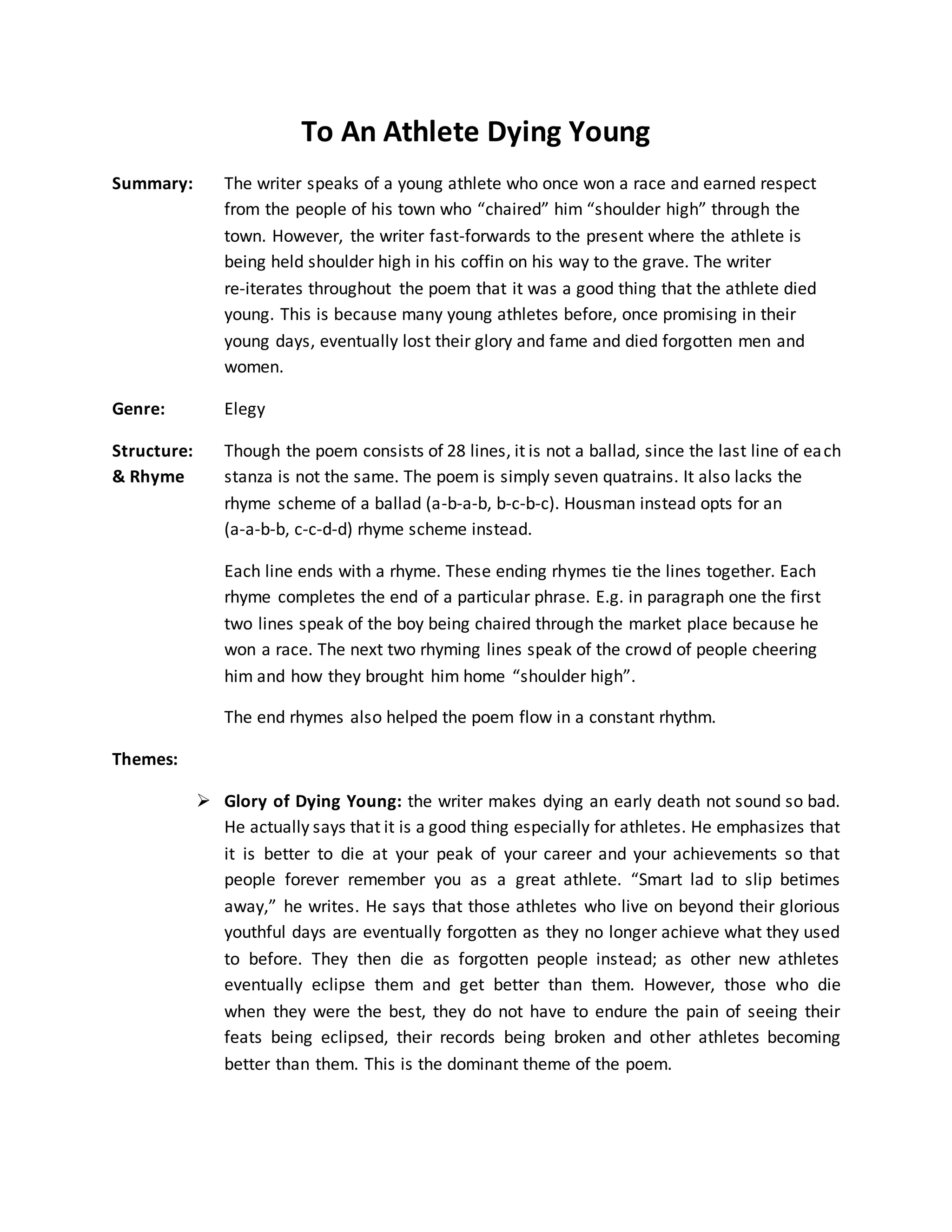 To An Athlete Dying Young - Analysis | DOCX