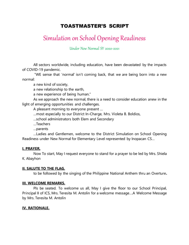 Toastmaster script on new normal simulation dry run | PDF
