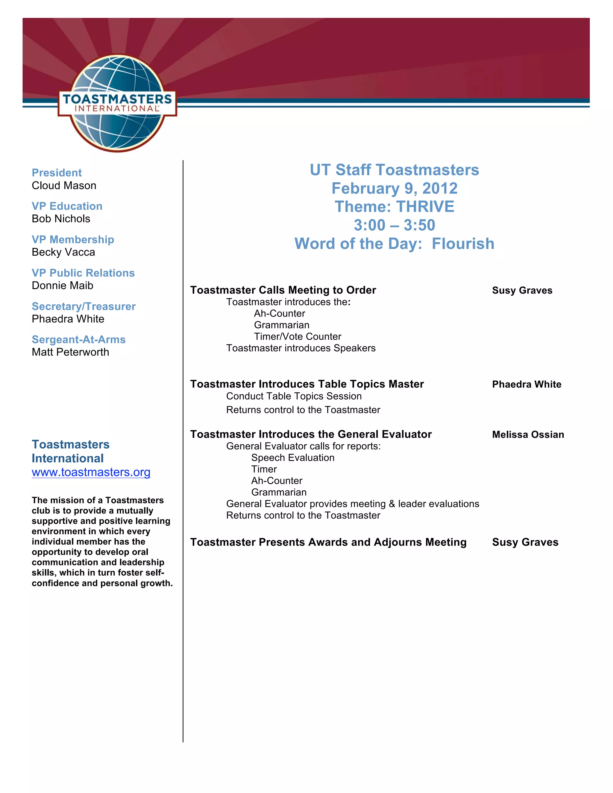 Toastmasters Agenda | PDF