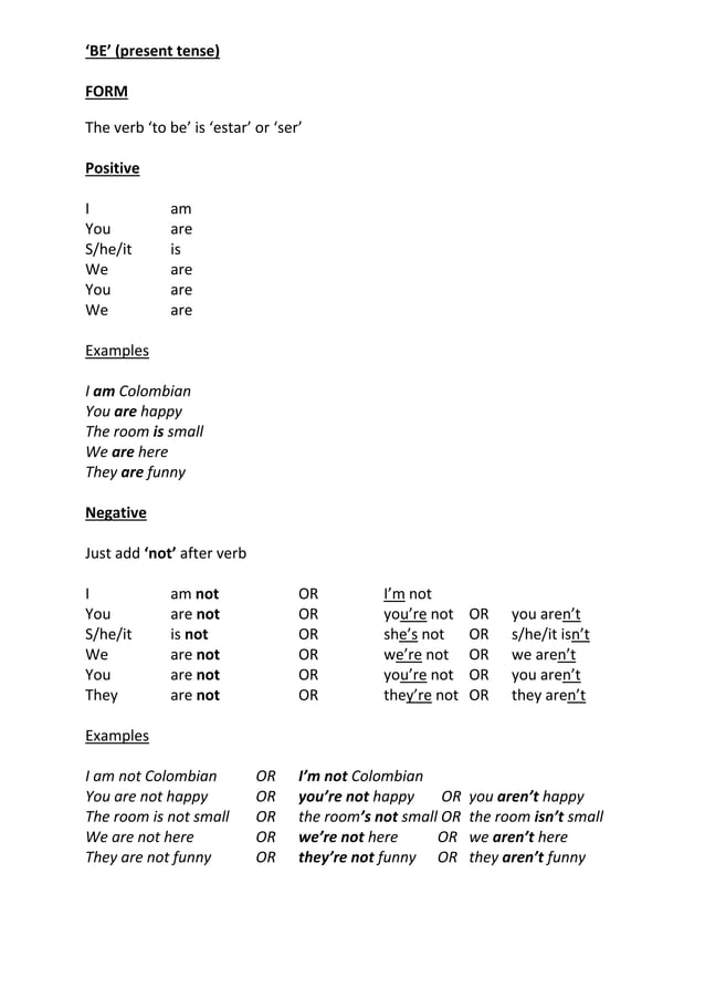 GRAMMAR A1/A2: VERB 'BE' FORM | DOCX