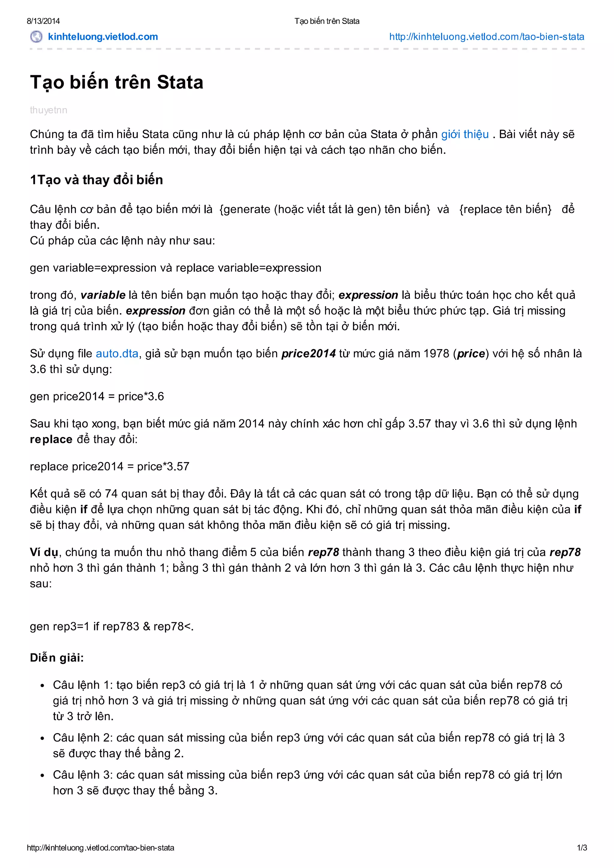 Tạo biến trên stata | PDF