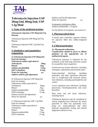 Tobromycin Injection USP Taj Pharma SmPC | PDF
