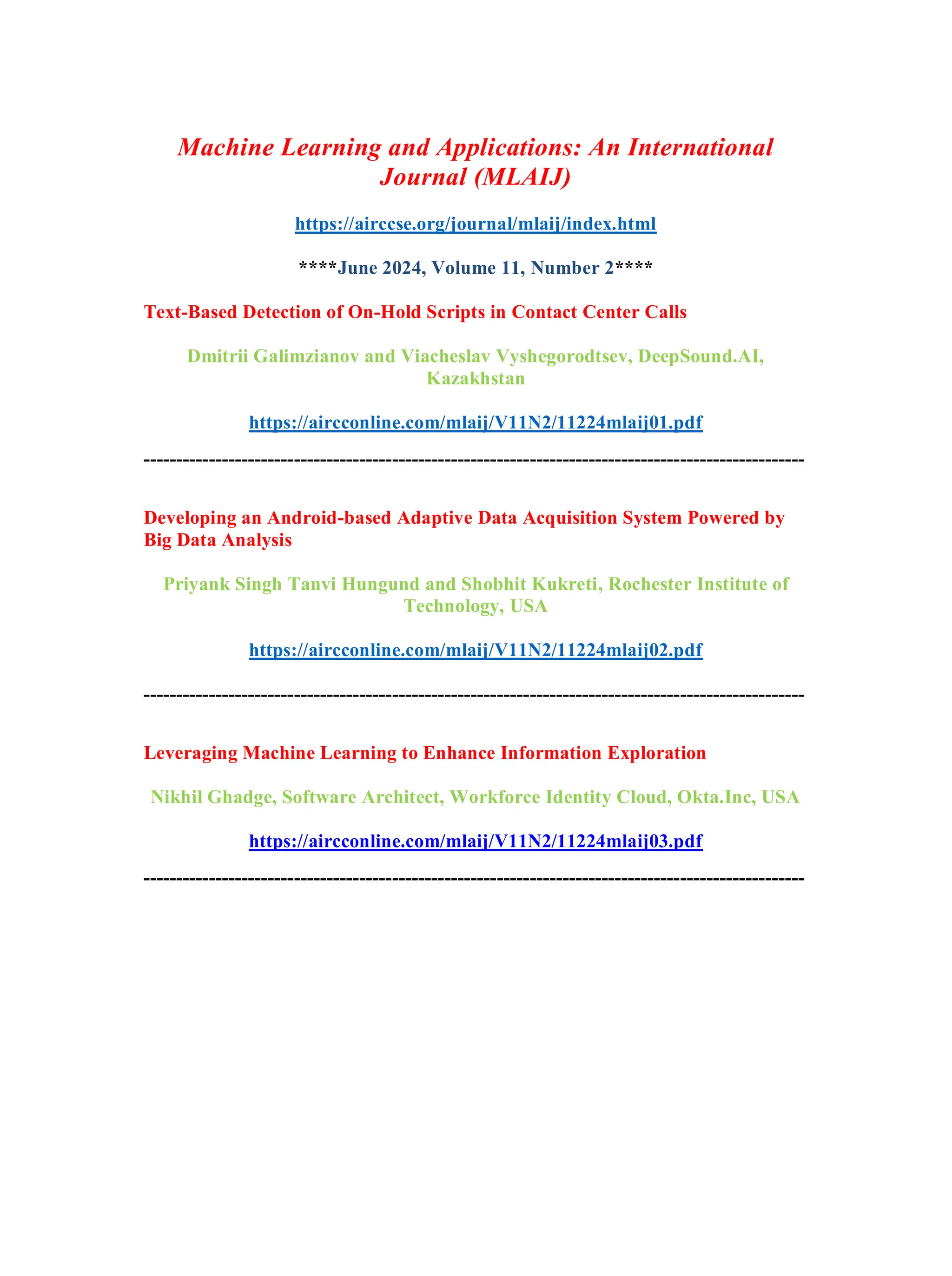 Machine Learning and Applications: An International Journal (MLAIJ) | PDF