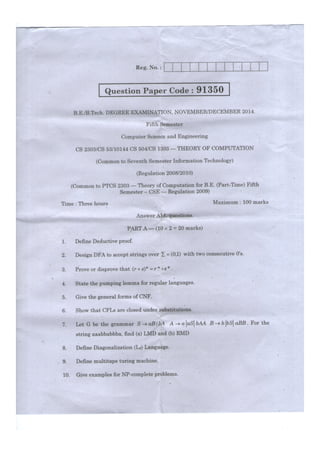 CS2303 theory of computation Toc answer key november december 2014 | PDF