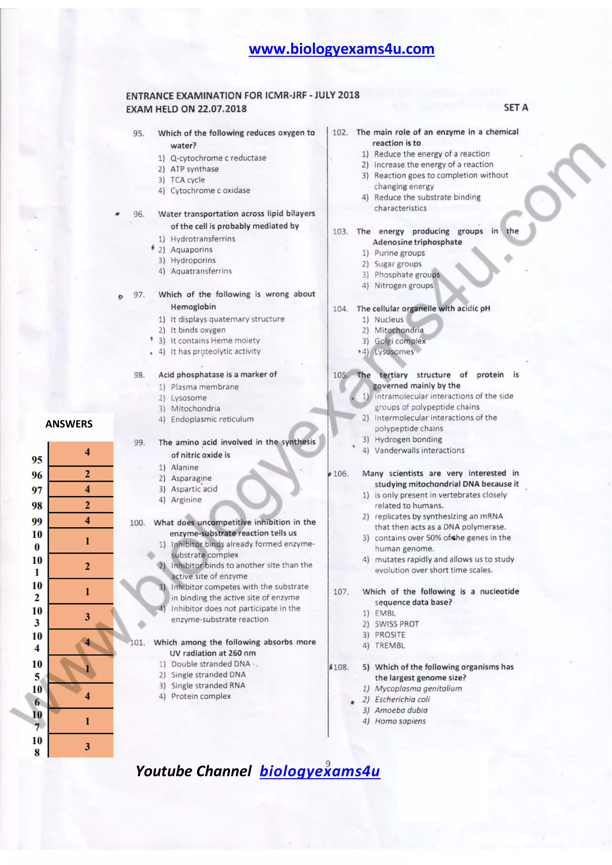 ICMR JRF 2018 Question Paper with Answer Key - Section- Life Science | PDF