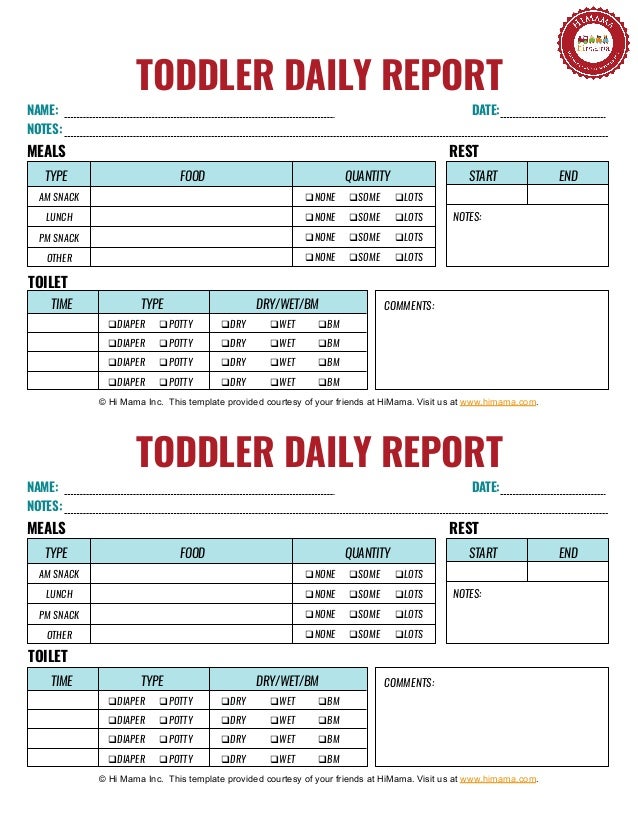Toddler Daily Sheet