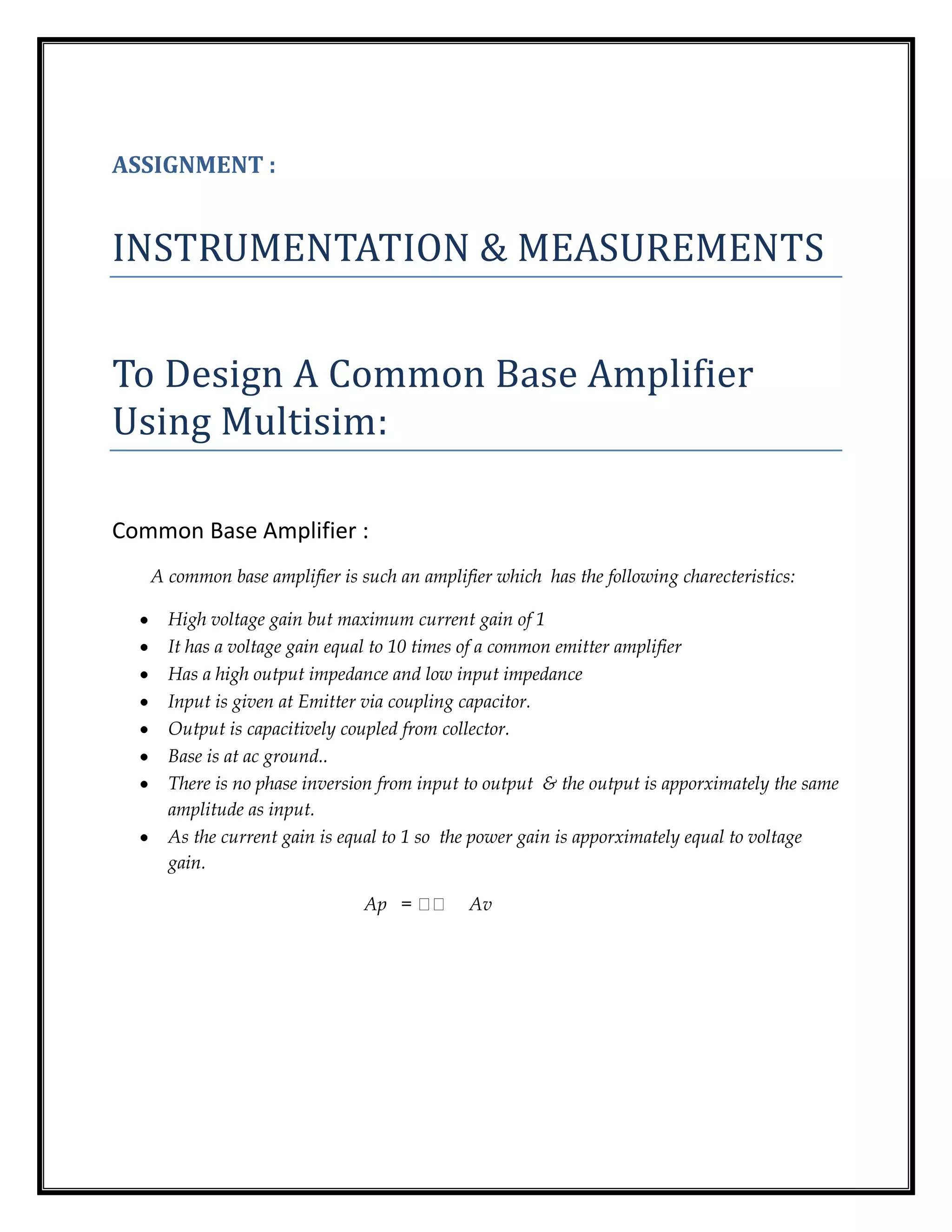 To design a common base amplifier using multisim | DOCX