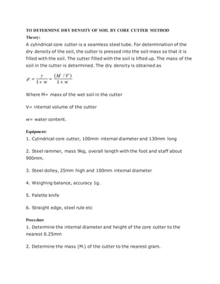 To determine dry density of soil by core cutter method | DOCX