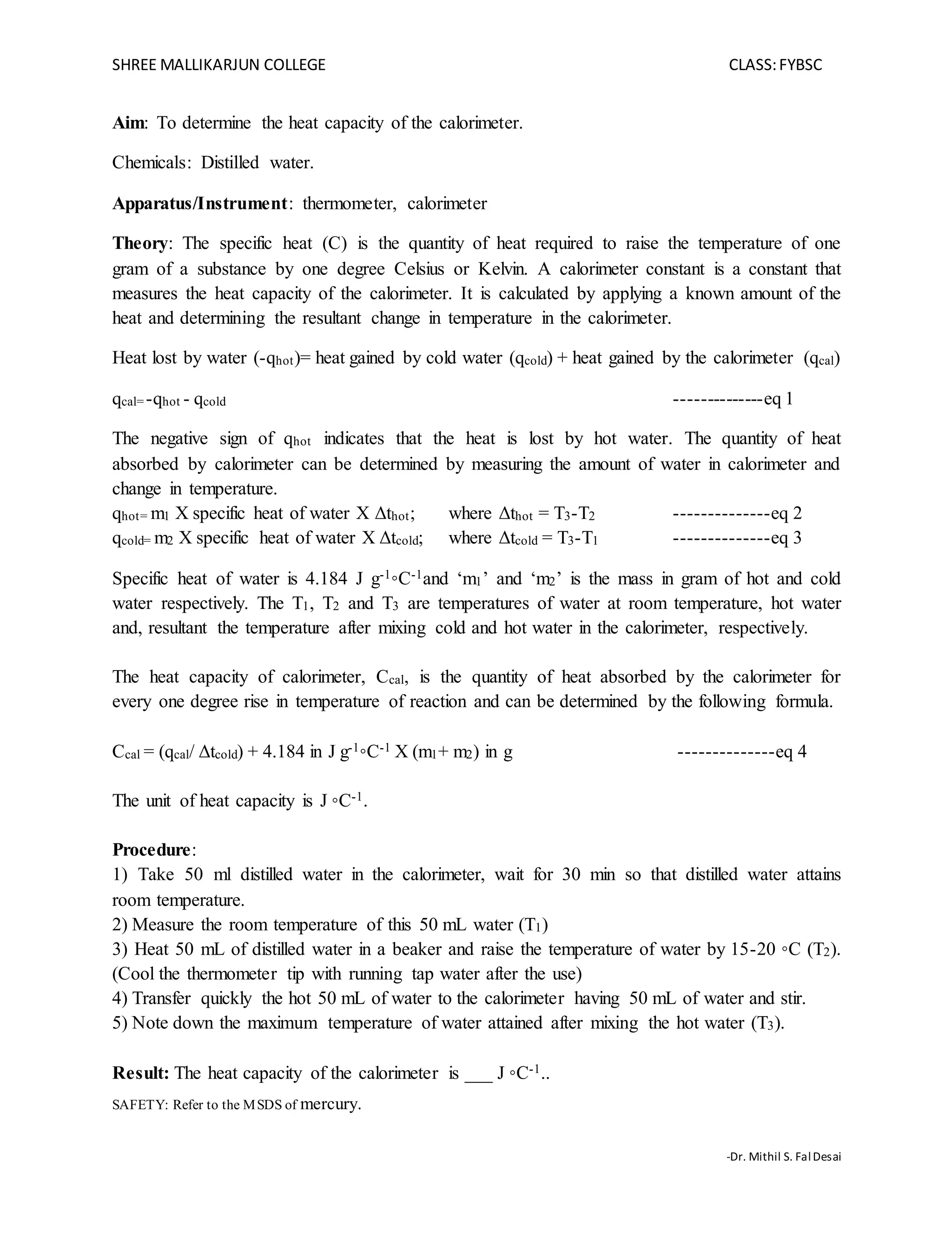 To determine heat capacity of calorimeter | DOCX