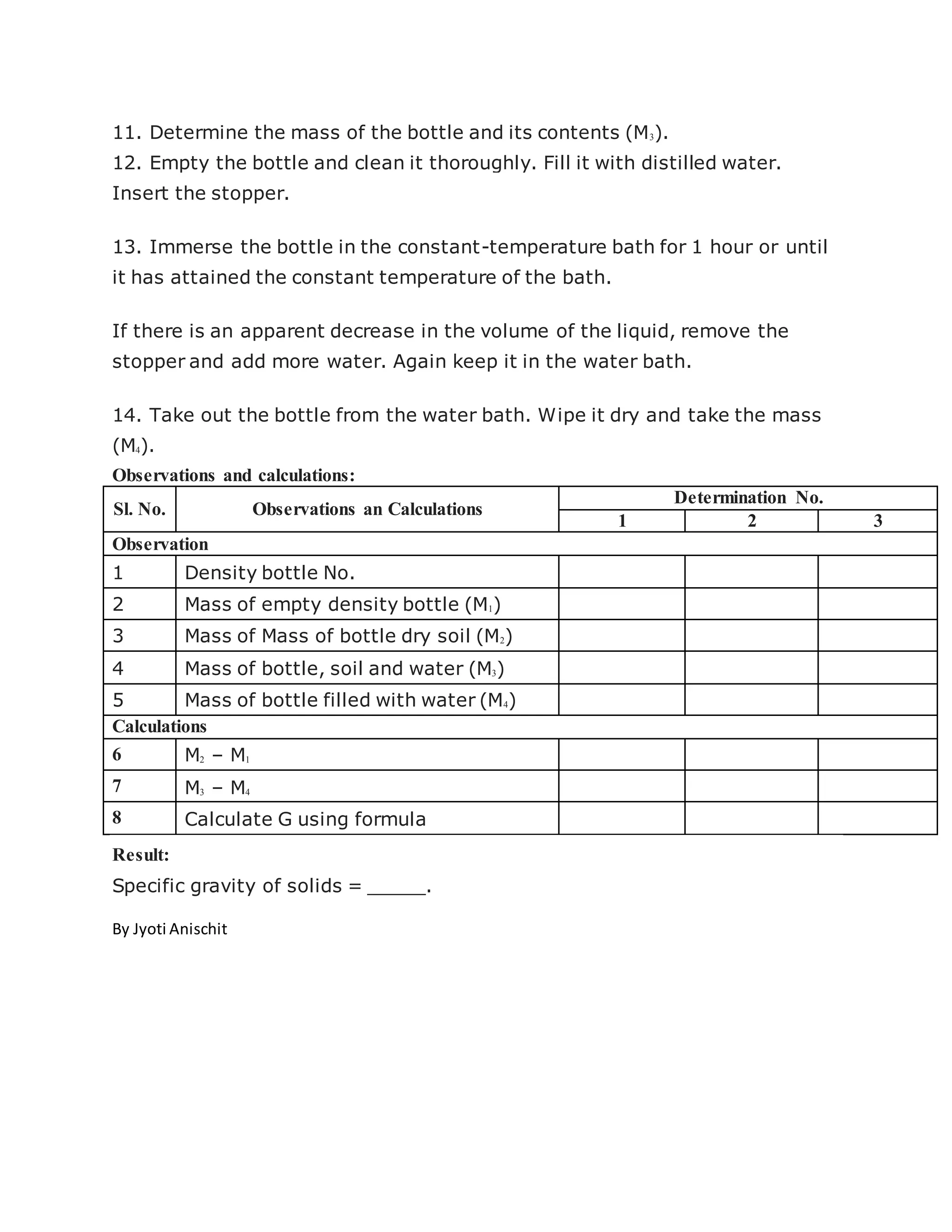 To determine specific gravity of the solids by density bottle method | DOCX