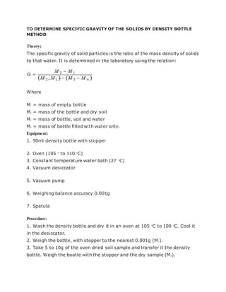 To determine specific gravity of the solids by density bottle method | DOCX
