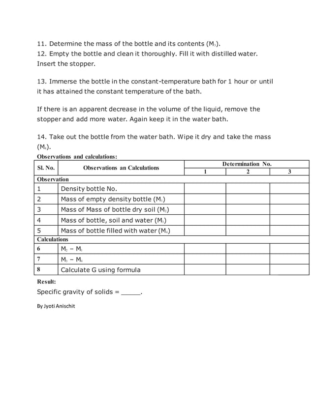To determine specific gravity of the solids by density bottle method To determine specific gravity of the solids by density bottle method