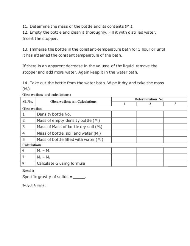 To determine specific gravity of the solids by density bottle method To determine specific gravity of the solids by density bottle method