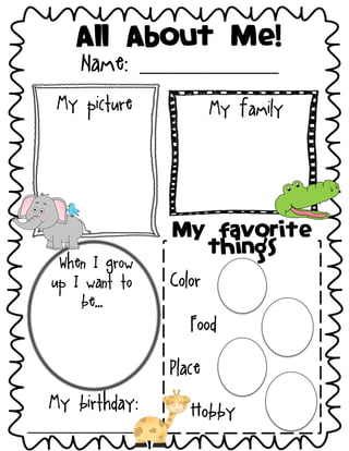 Todo sobre mi: mi dibujo, mi familia, mis cosas favoritas... | PDF