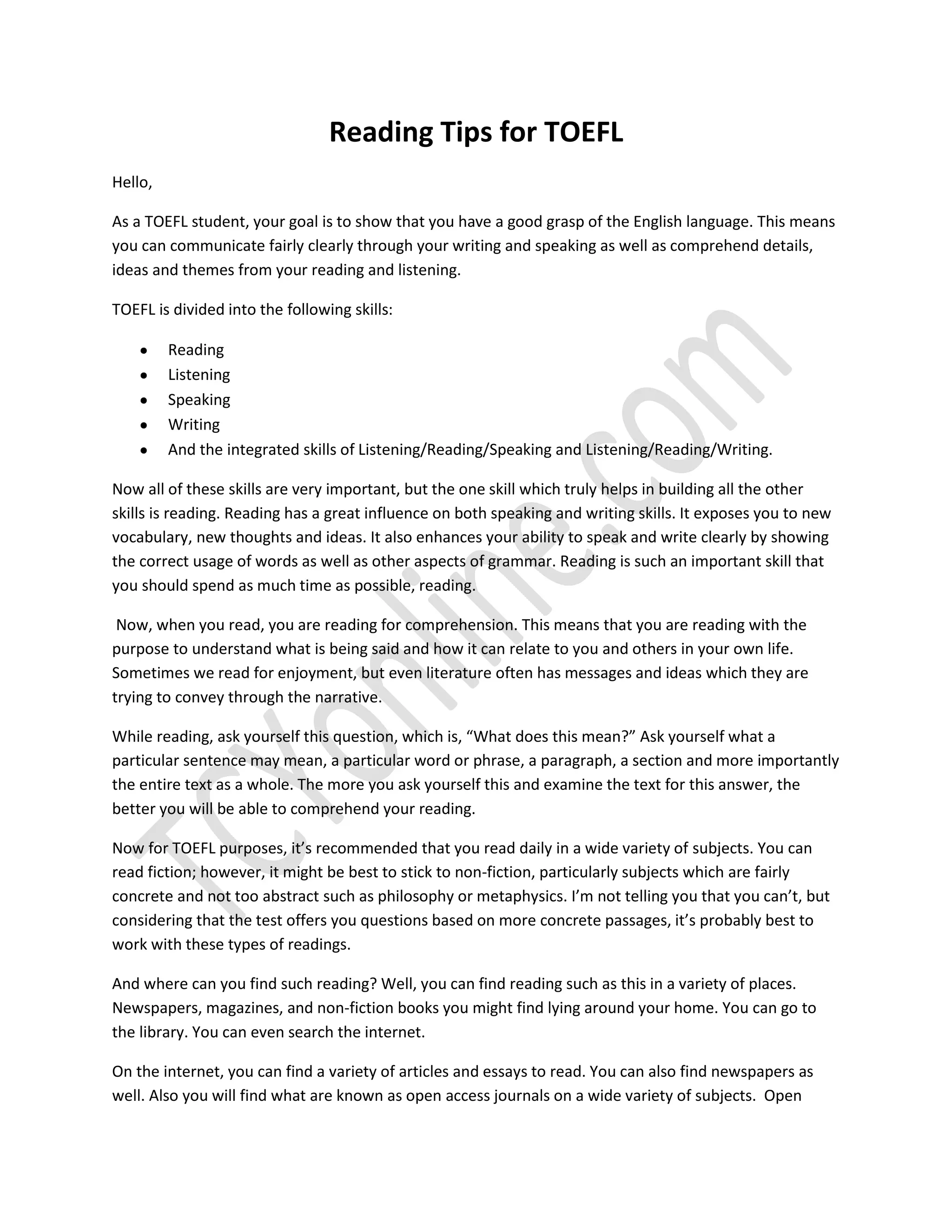 Reading Tips for TOEFL | DOCX