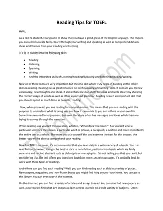 Reading Tips for TOEFL | DOCX | Educational Assessment | Education
