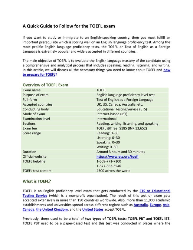 A Quick Guide to Follow for the TOEFL exam | PDF