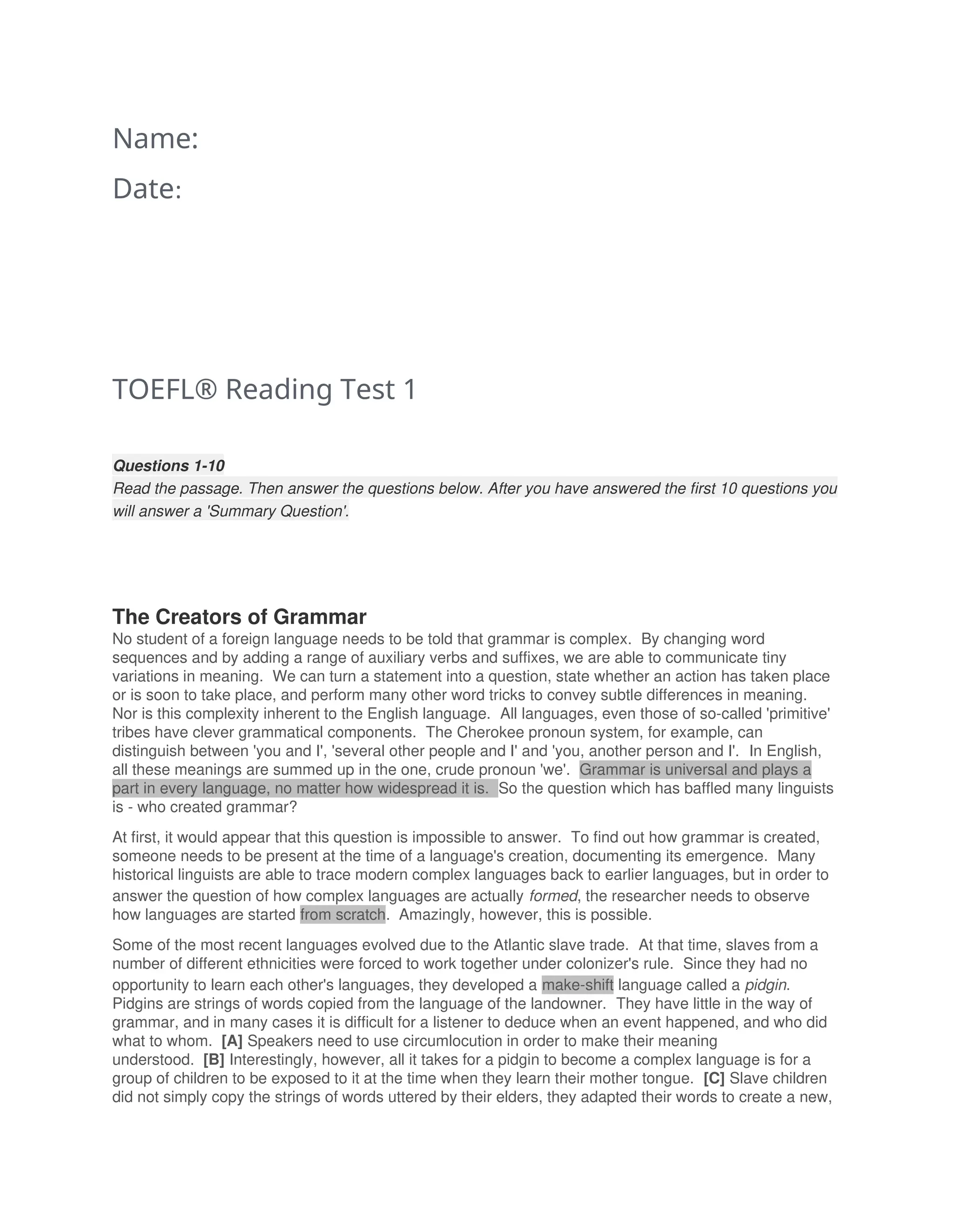 TOEFL test 1 READING part 1 exercises 123 | PDF