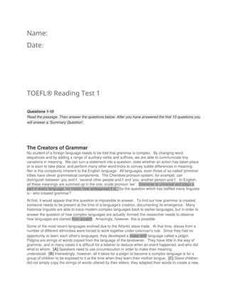TOEFL test 1 READING part 1 exercises 123 | PDF