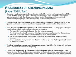 TOEFL WORKSHOP READING SECTION how to tackle Reading Section.ppt